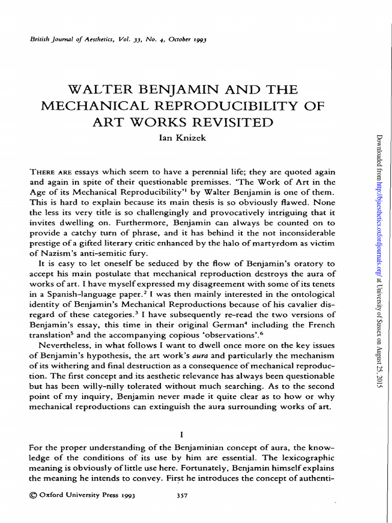 Knizek, Walter Benjamin and The Mechanical Reproducibility of Art Works ...