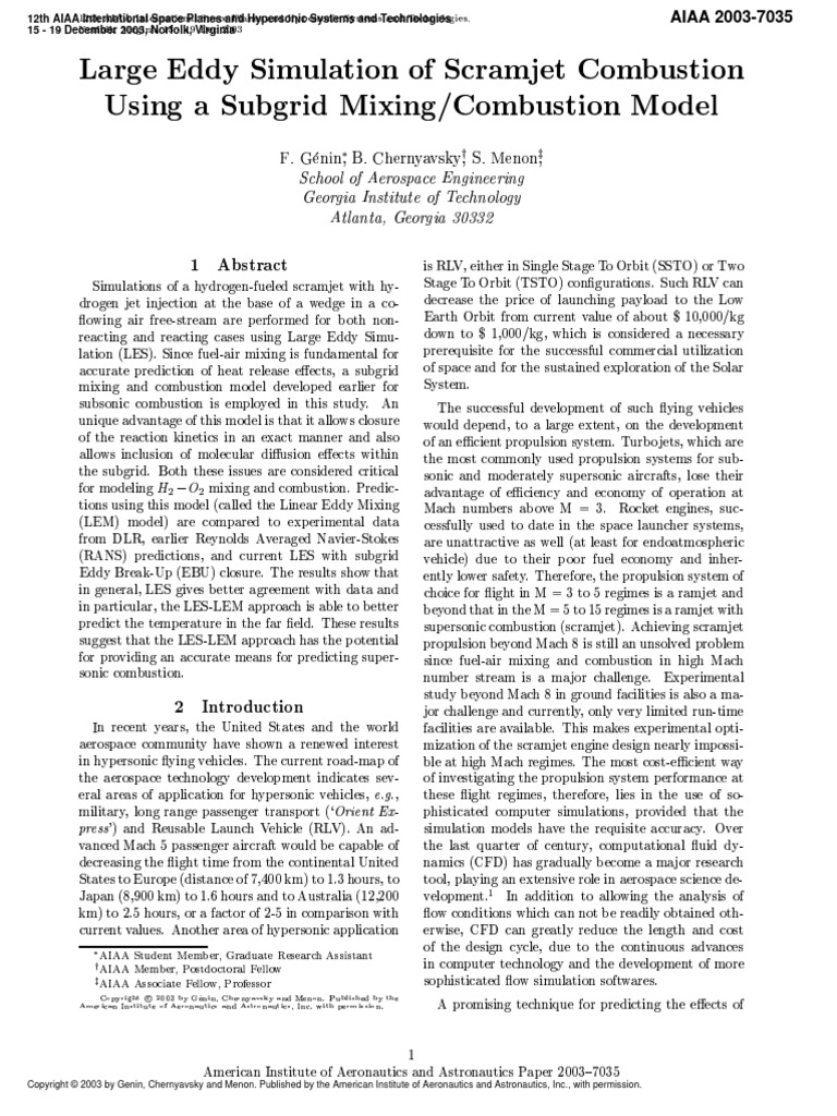 Menon, S., Genin, F., & Chernyavsky, B. (2003) - Large Eddy Simulation of Scramjet Combustion ...