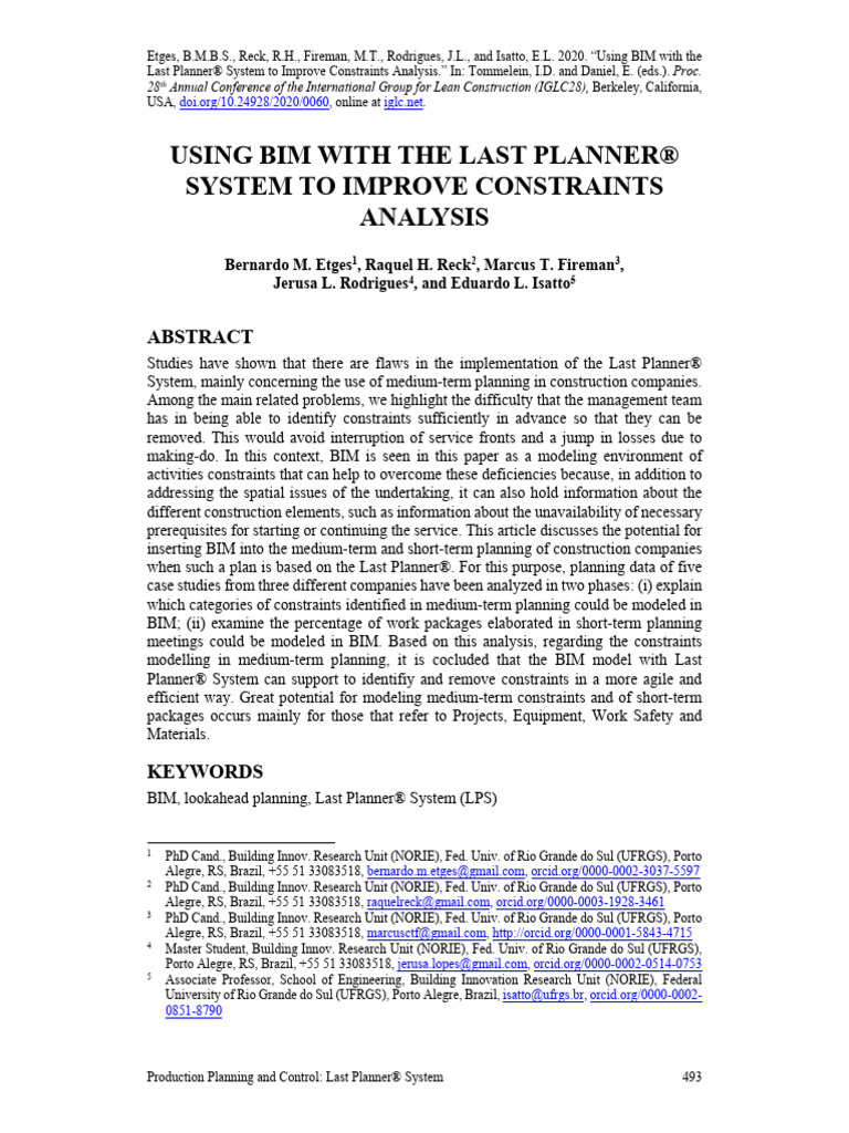 Etges Et Al. 2020 - Using BIM With The Last Planner System To Improve Constraints Analysis | PDF ...