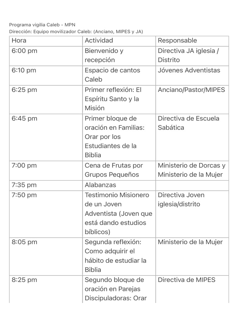 Programa Vigilia Caleb - MPN | PDF | Movimientos cristianos | Organizaciones religiosas