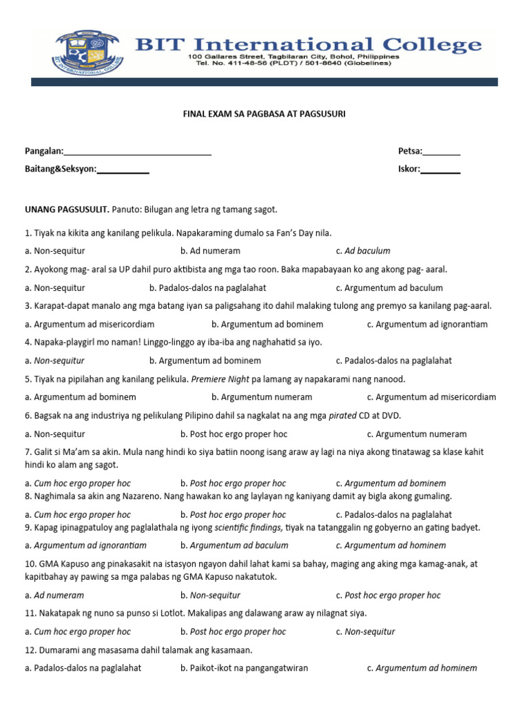 Final Exam in Pagbasa at Pagsusuri | PDF Final Exam in Pagbasa at Pagsusuri | PDF