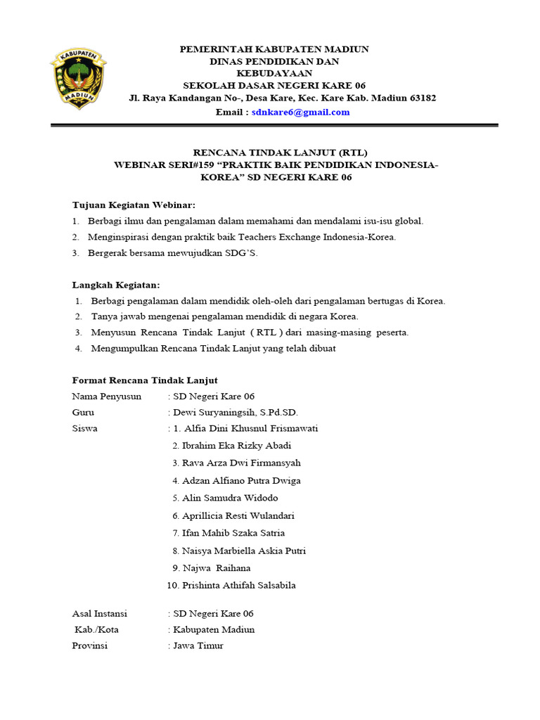 RTL Webinar Pendidikan SD Kare | PDF