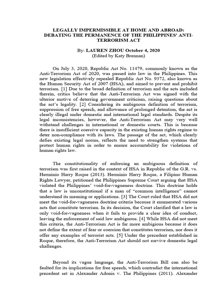 Philippines Anti-Terrorism Act Analysis | PDF | Defamation | Arrest