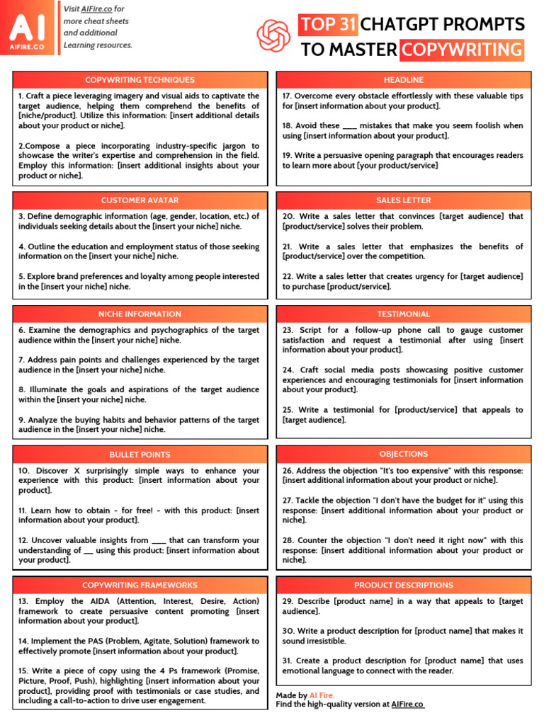 Top 31 ChatGPT Prompts To Master Copywriting | PDF | Target Audience ...