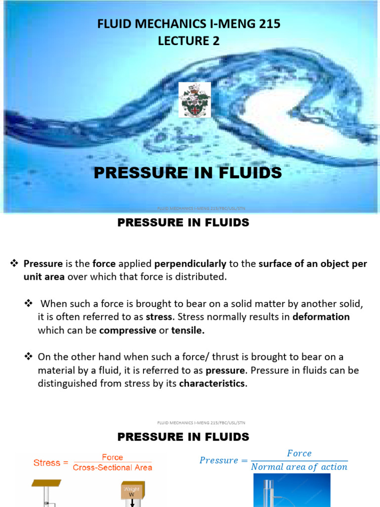 Fluid Mechanics 1-Meng 215 Lecture 2 With Tutorials | PDF | Pressure Measurement | Pressure