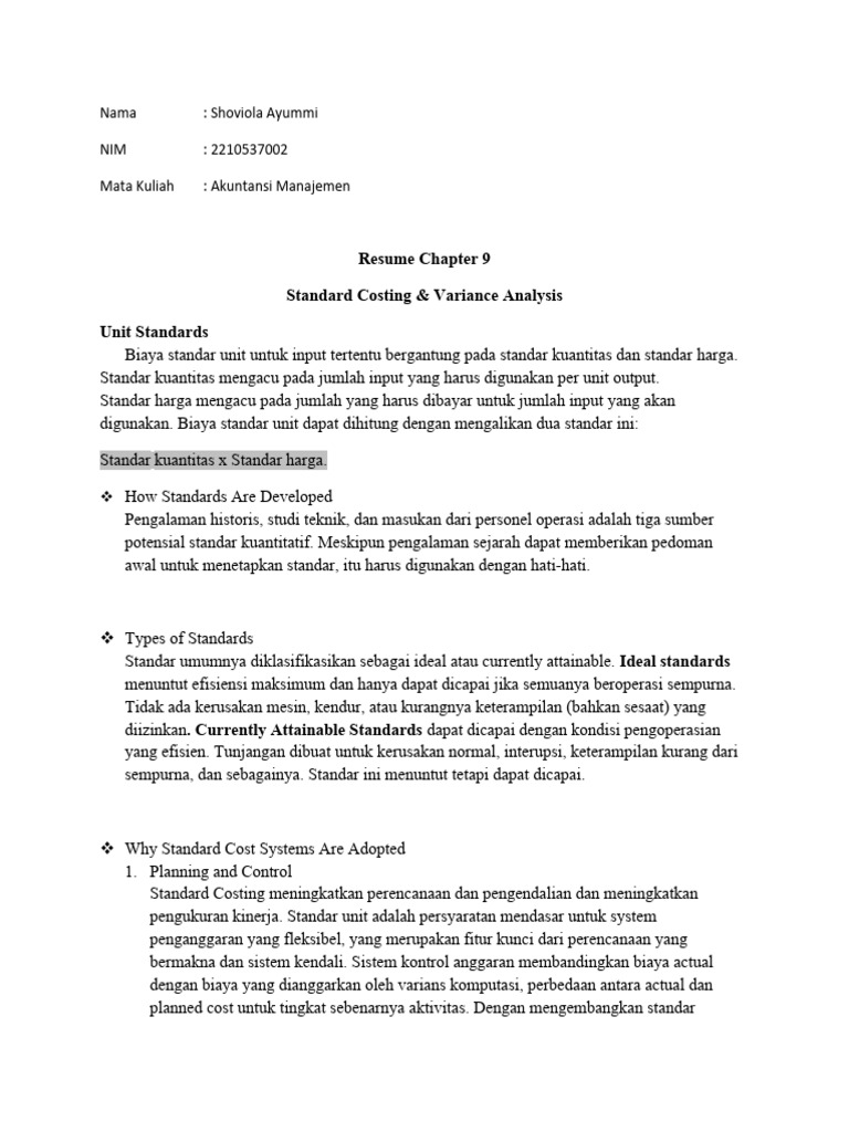 Resume Chapter 9 Standart Costing Akmen | PDF
