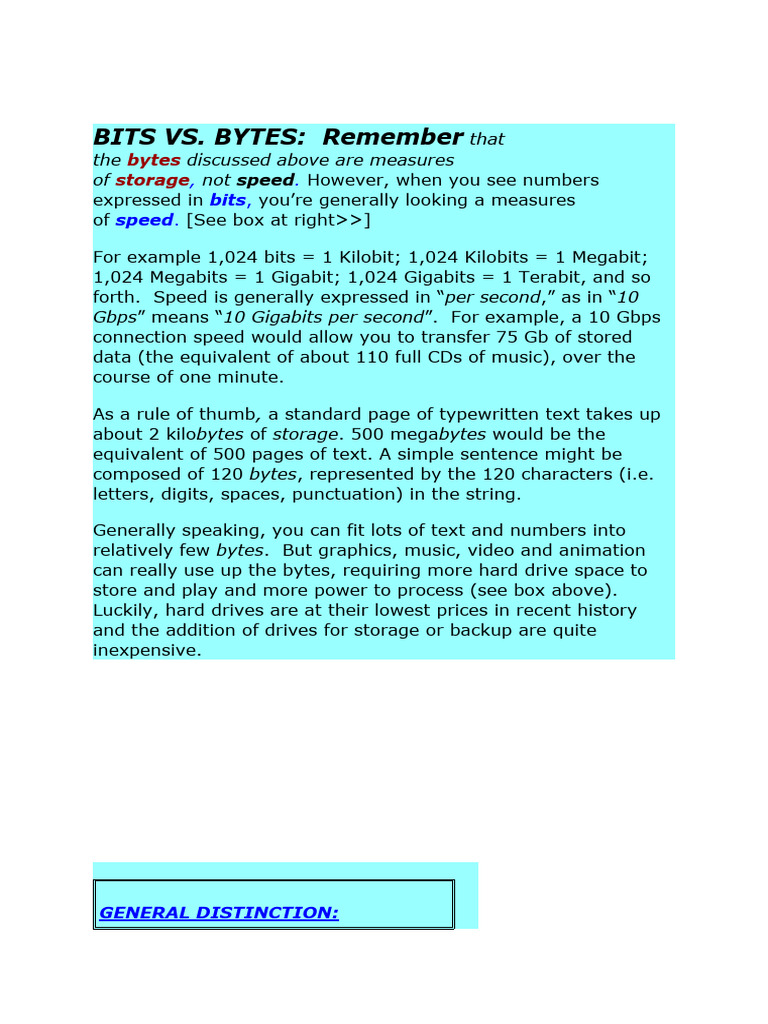 Bits vs Bytes: Speed and Storage Explained | PDF