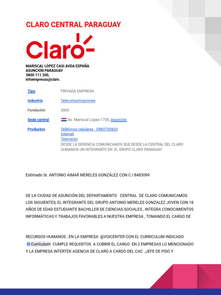 Carta Empresarial de CLARO PARAGUAY - 1-2 | PDF