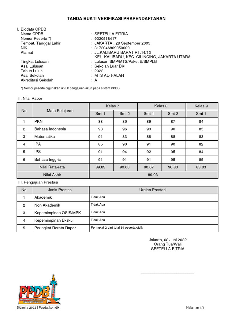 Sidanira TandaBukti Prapendaftaran 220518417 | PDF
