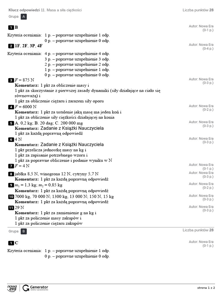 Masa A Siła Ciężkości Klucz Odpowiedzi | PDF