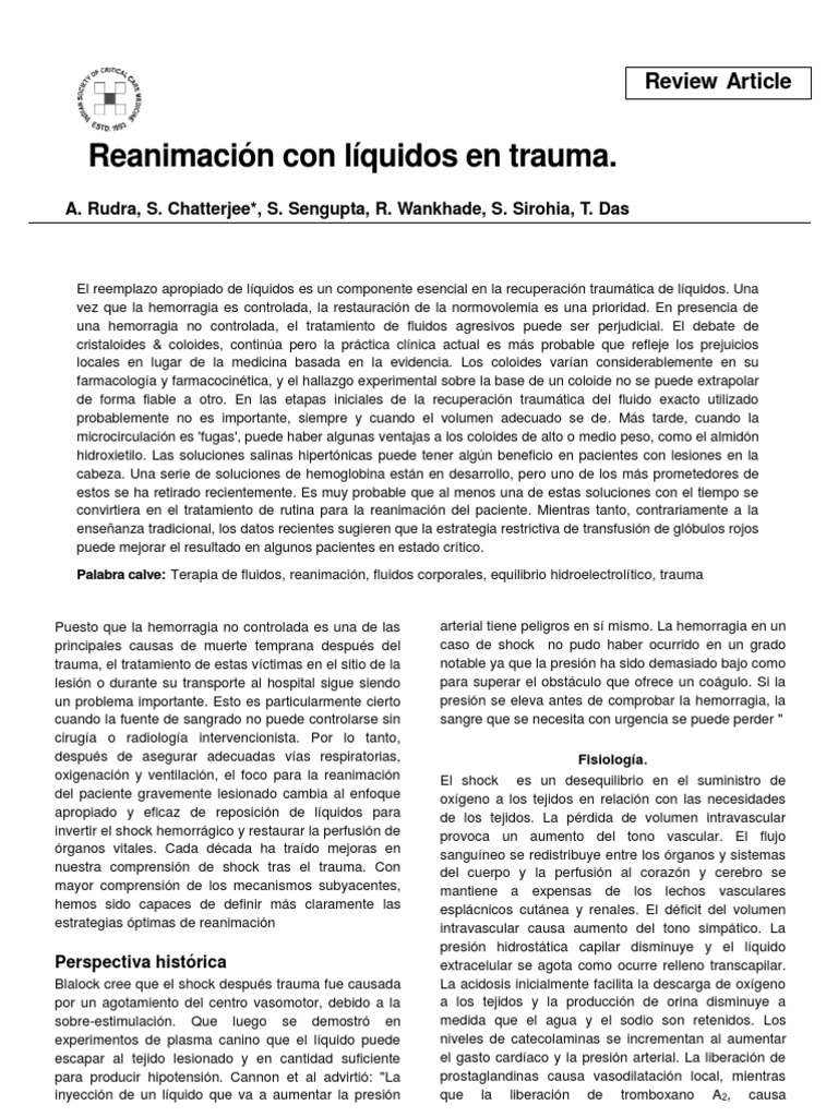 Reanimación Con Líquidos en Trauma | PDF | Choque (circulatorio) | Reanimación cardiopulmonar
