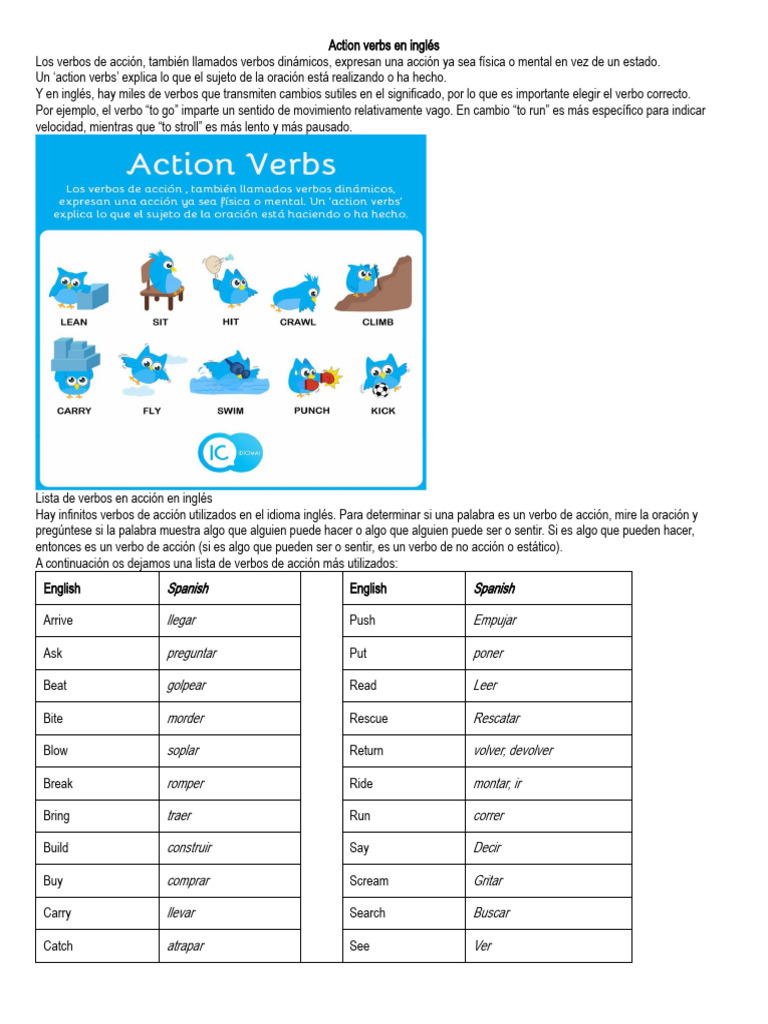 Verbos de acción en inglés y español | PDF | Morfología Lingüística ...
