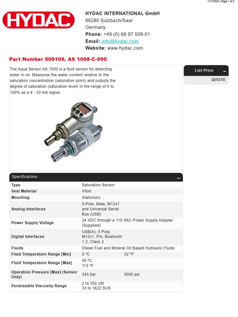 Aqua Sensor AS 1008-C-000 Specifications | PDF