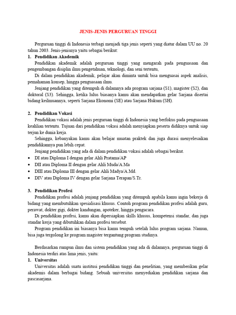 JENIS JENIS PERGURUAN TINGGI | PDF