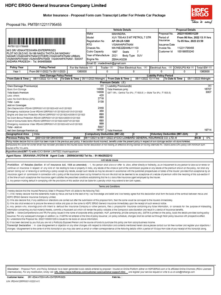 Proposal No. PMTB112211795455: Motor Insurance - Proposal Form Cum ...