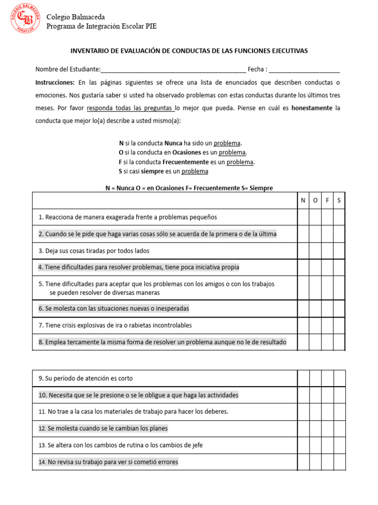 Inventario Funciones Ejecutivas | PDF