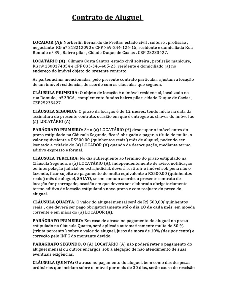 Modelo de Contrato de Aluguel Simples Word para Preencher Atualizado ...