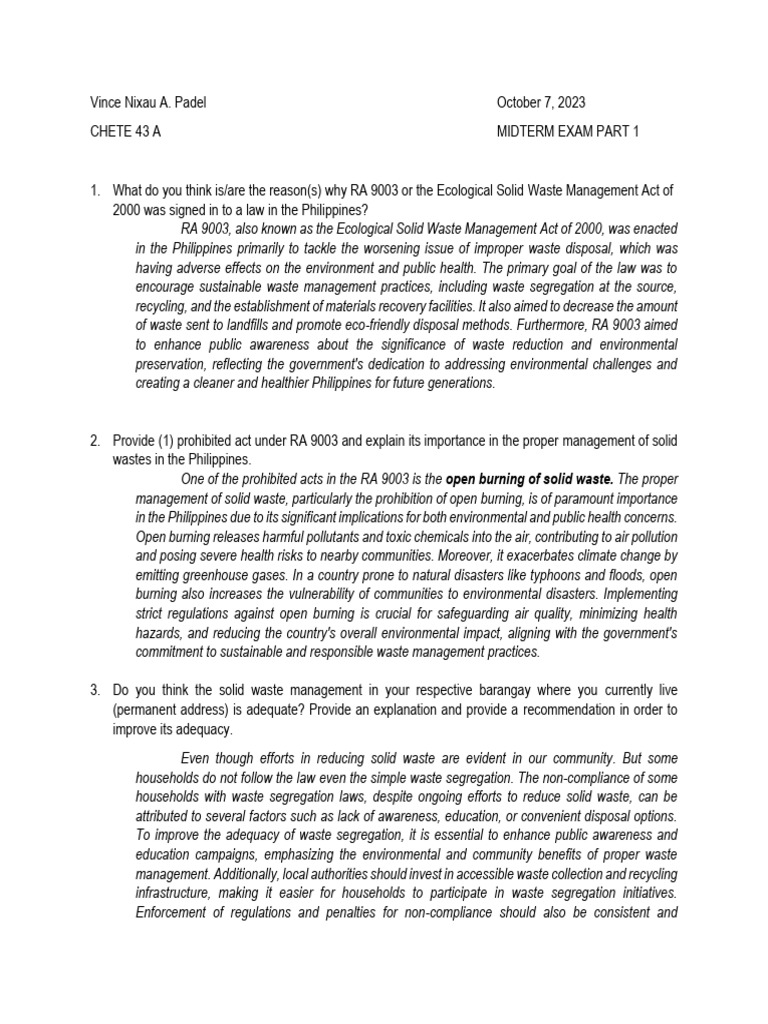 MIDTERM EXAM PART 1 Chete 43 A | PDF | Waste Management | Waste
