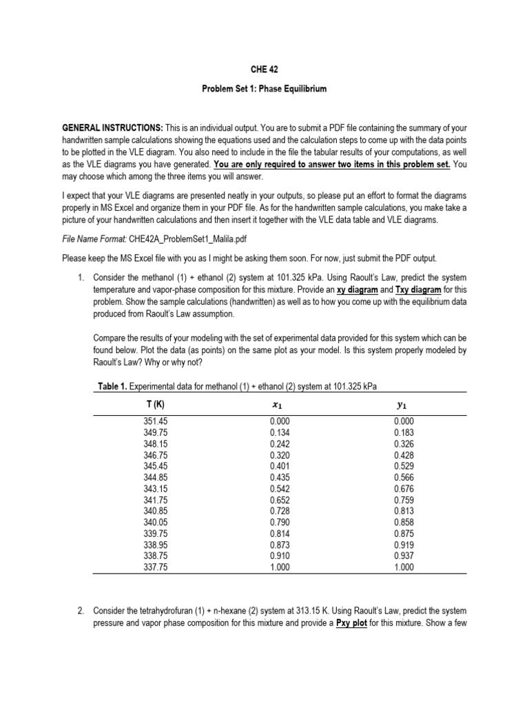 CHE 42 - Problem Set 1 - Phase Equilibrium | PDF | Branches Of Thermodynamics | Thermodynamics