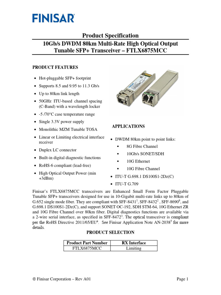 Finisar Ftlx6875mcc 10g DWDM 80km Multi-Rate High Optical Output Tunable SFP T-SFP Optical ...