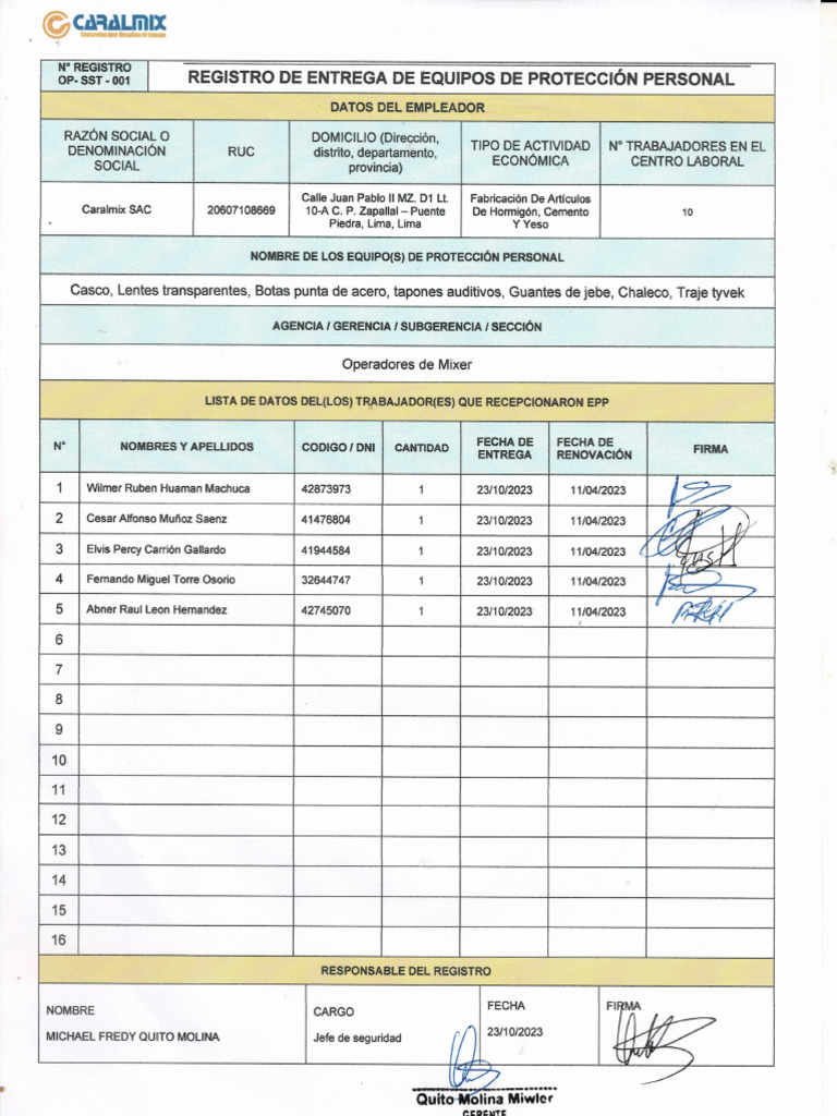 Registro de Entrega de Epps | PDF
