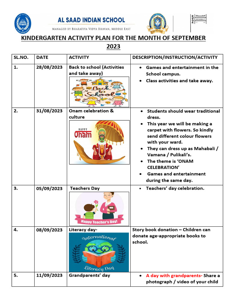KG - ACTIVITY PLAN (August and september) 2023 | PDF