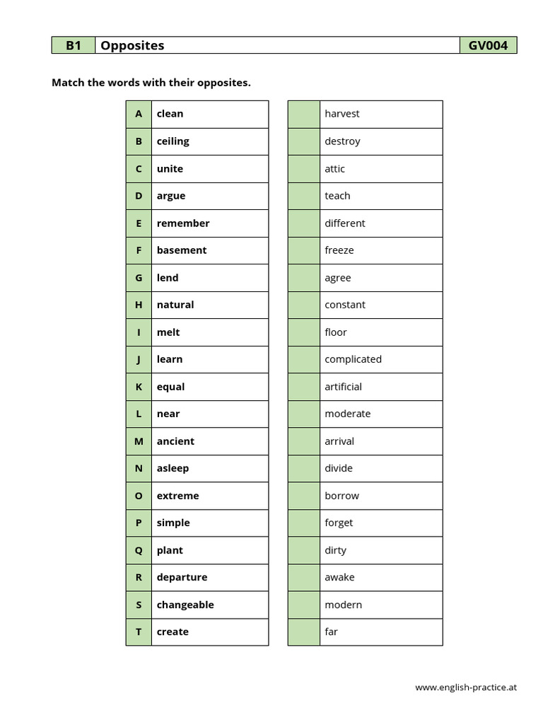 B1 Opposites GV004: Match The Words With Their Opposites | PDF