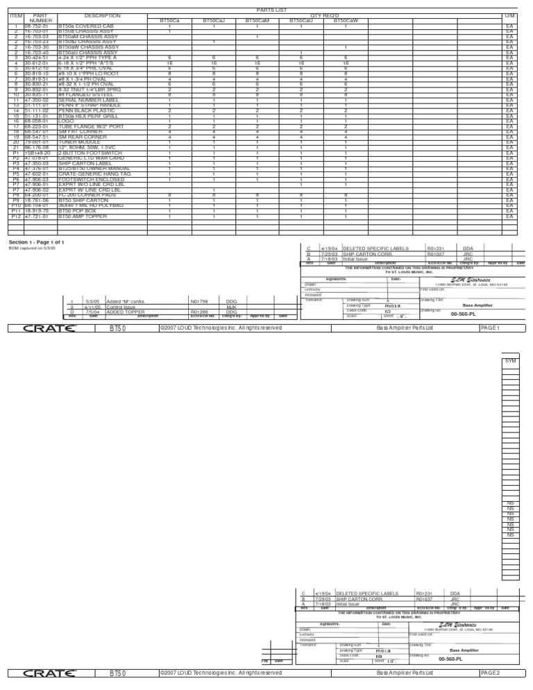 Crate BT15 - Parts List Bass Amplifier (00-560-PL - 1) | PDF | Audio Engineering | Audio Electronics