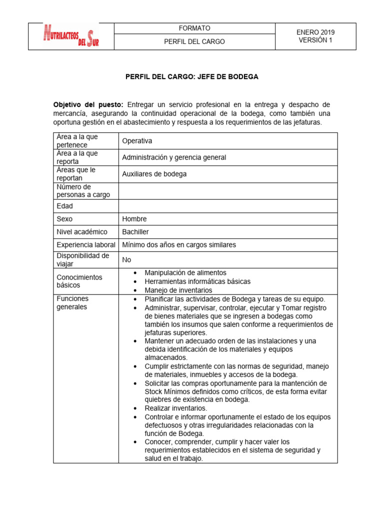 Perfil Del Cargo Jefe de Bodega | PDF | Seguridad alimenticia | Business