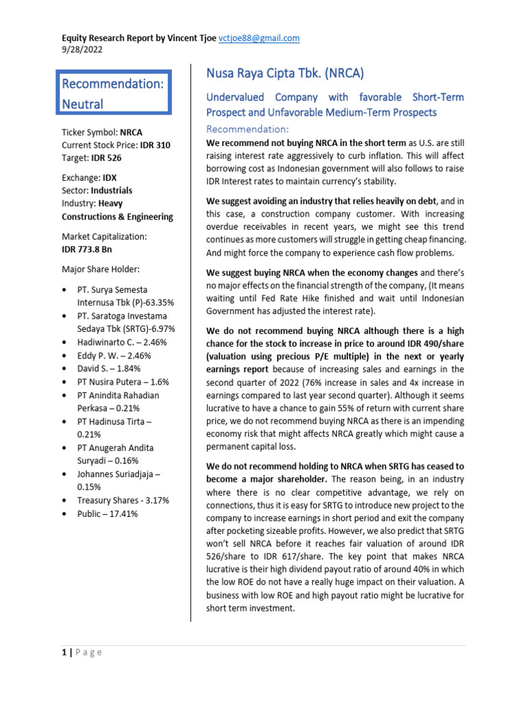 NRCA Research Report Vincent Tjoe | PDF | Investing | Valuation (Finance)