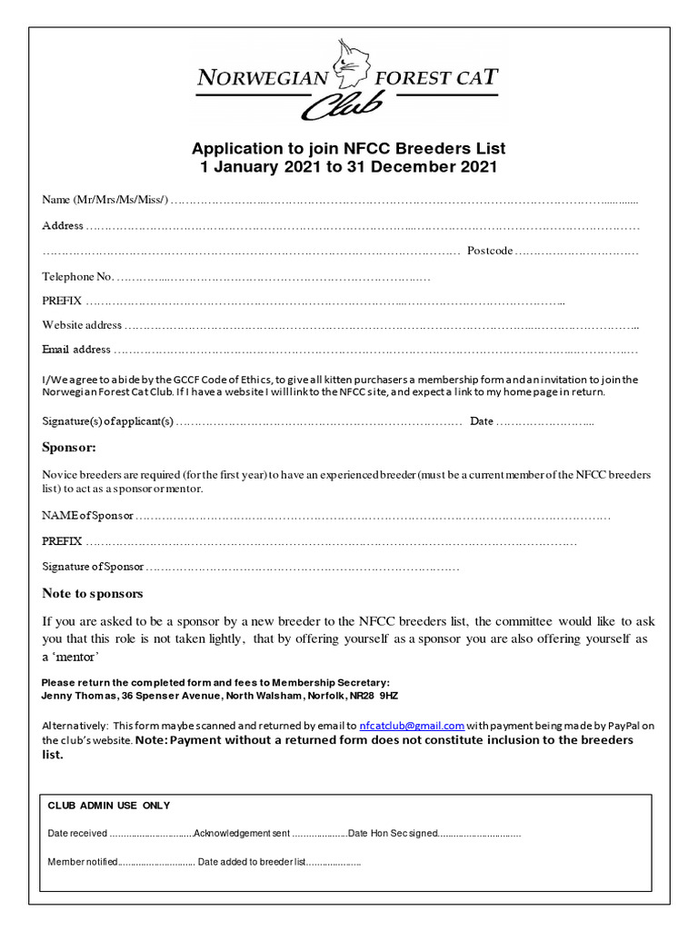 NFCC - Breeders List Application 2021 | PDF | Cats | Animals And Humans