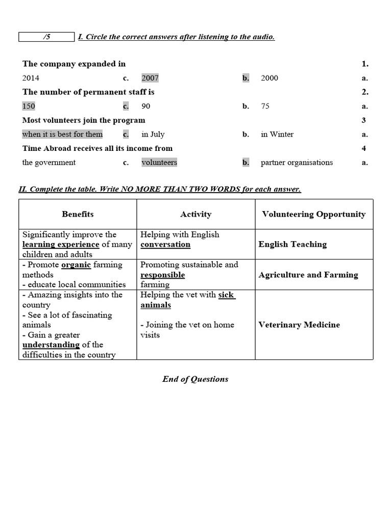 Listening Test - 1 - Key Answers | PDF
