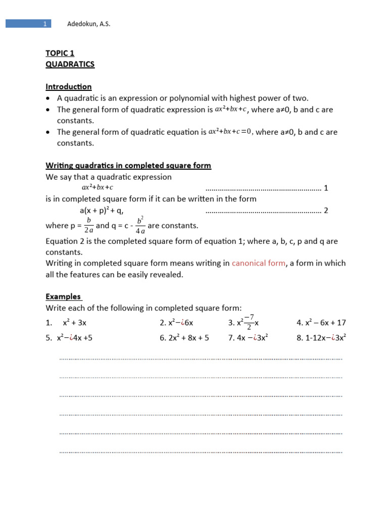 P1T1 Quadratics | PDF | Quadratic Equation | Equations