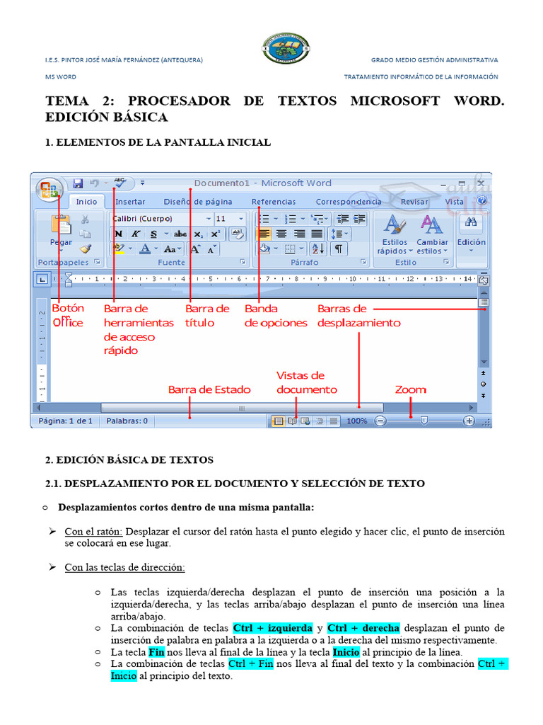 Tema 2. Procesador de Textos Microsoft Word. Edición Básica | PDF | Procesador de textos | Haga ...