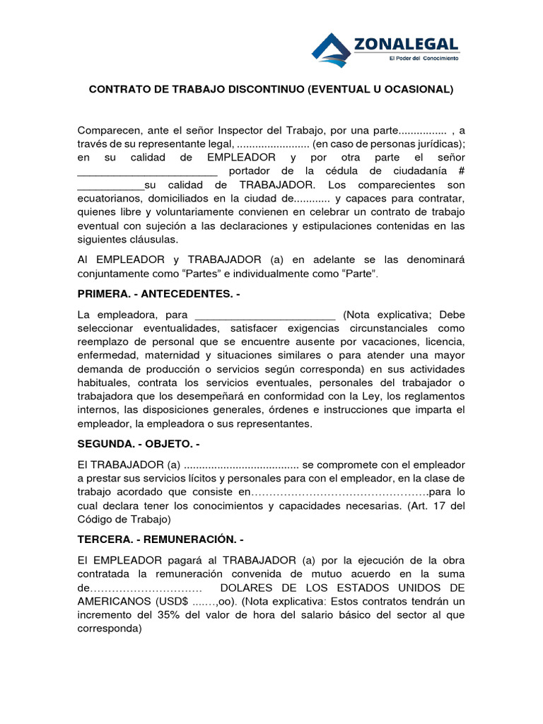 Contrato de Trabajo Ocasional | PDF | Derecho laboral | Salario