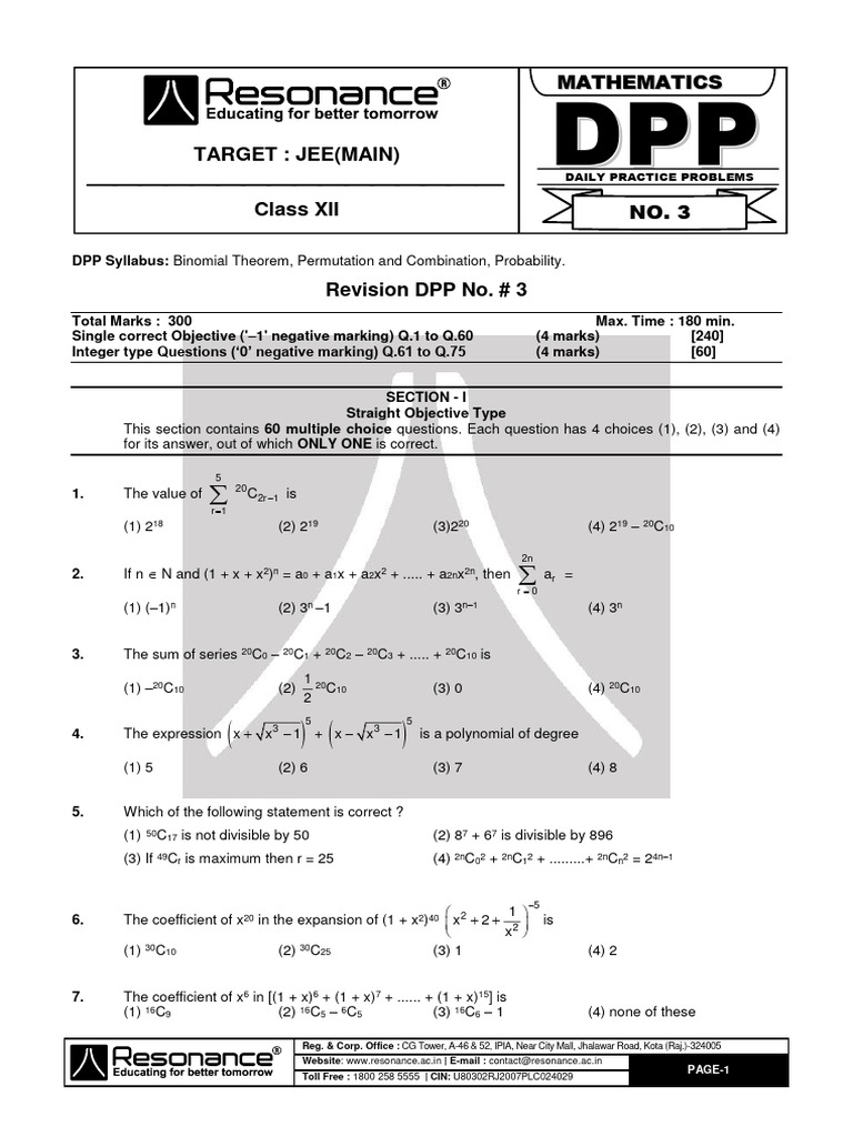 DPP No.3 English PC Zhk7lY0 | PDF | Combinatorics | Mathematics