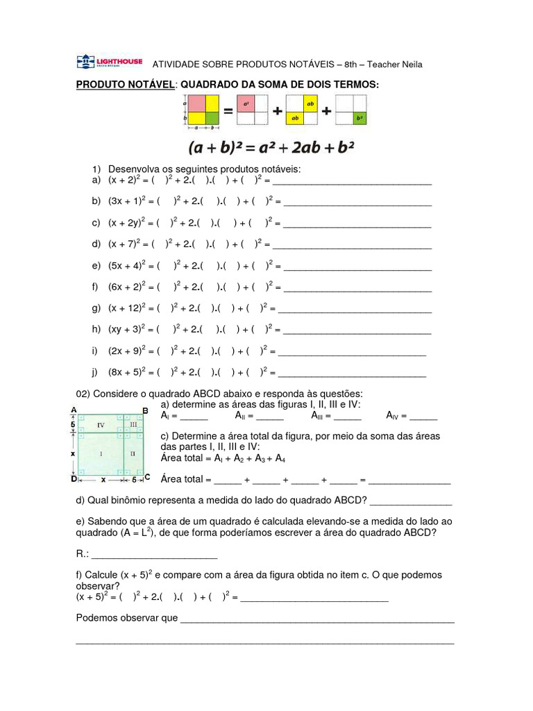 Produtos Notáveis - Atividade 1 | PDF | Matemática