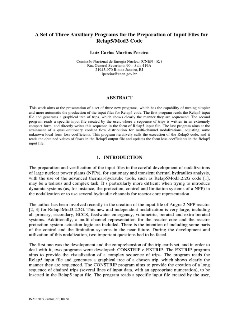A Set of Three Auxiliary Programs For The Preparation of Input Files For Relap5/Mod3 Code | PDF ...