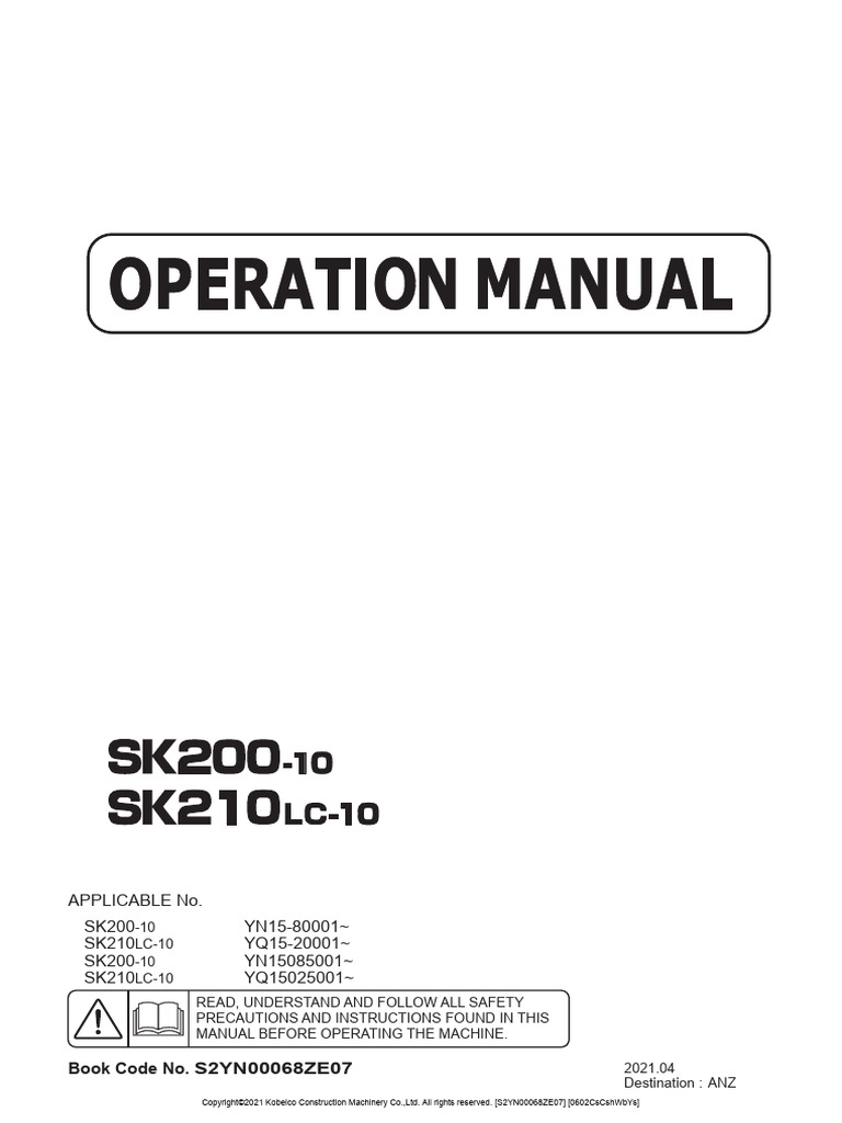 Kobelco Operator Manual sk200 10 sk210lc 10 | PDF | Vehicles | Equipment