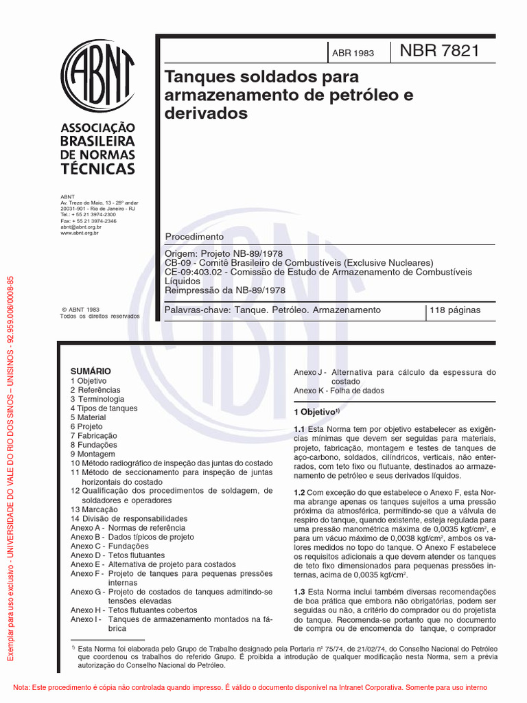 Nbr 7821 - Tanques Soldados Para Armazenamento de Petróleo e Derivados ...