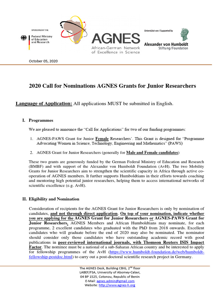 Agnes Junior Researcher Grant Call 2020 | PDF | Doctor Of Philosophy | Science