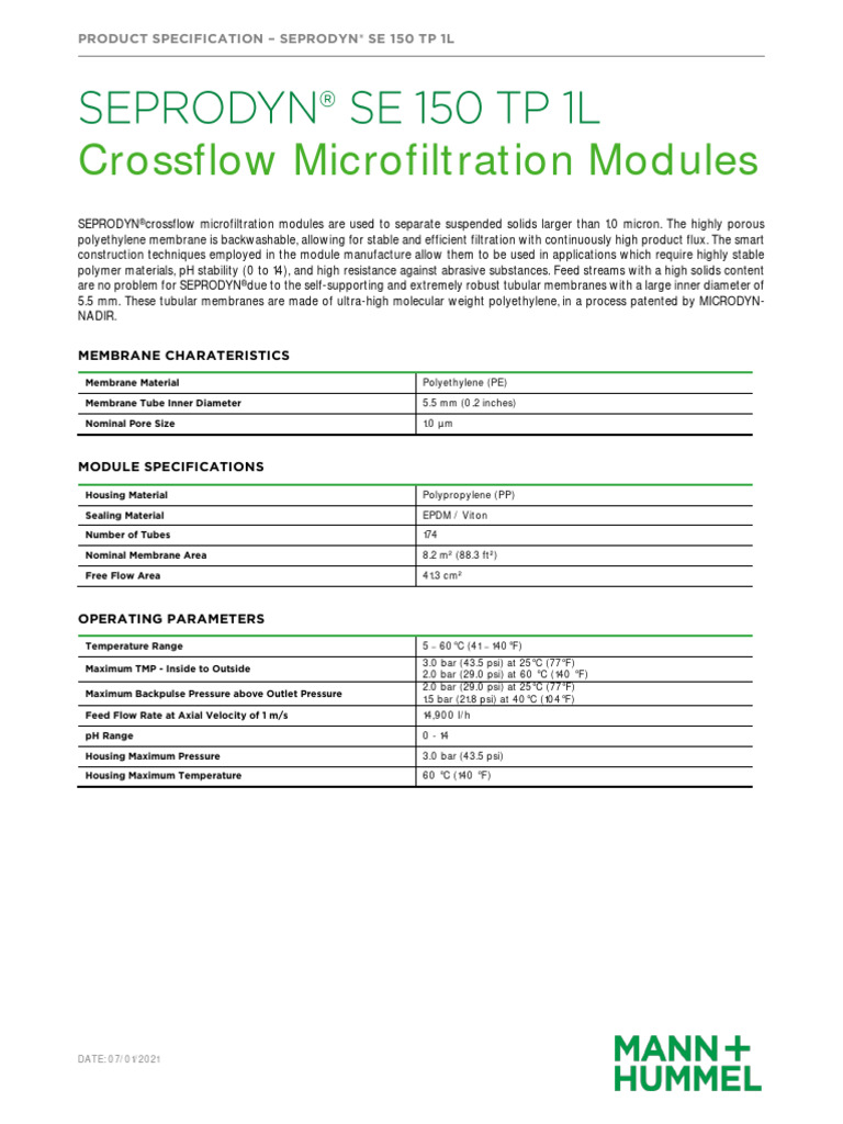 Crossflow Microfiltration Modules: Product Specification - Seprodyn® Se 150 TP 1L | PDF ...
