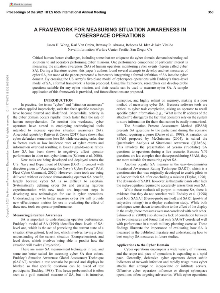 Wong Et Al 2021 A Framework For Measuring Situation Awareness in ...