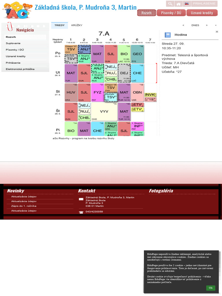 Rozvrh Základná škola, P. Mudroňa 3, Martin | PDF