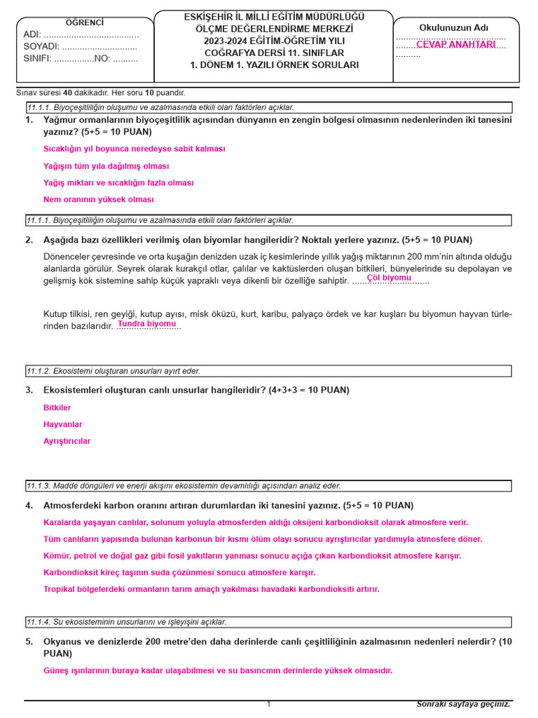 2023-2024 11. Sinif 1. Doynem 1. Sinav Oyrnek Sorulari - Cevap Anahtari | PDF