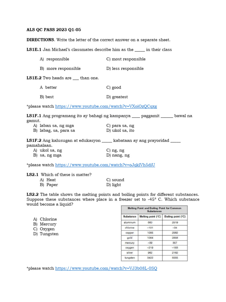 ALS QC PASS 2023 Q1-05 Exam Questions | PDF | Chemistry | Physical Sciences