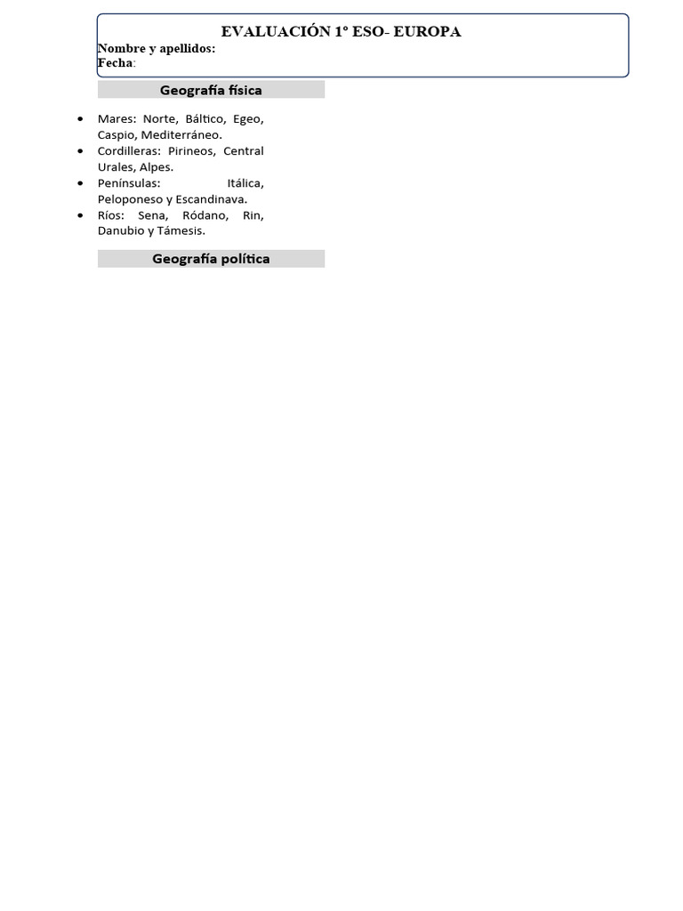 Examen Europa. 1º ESO | PDF