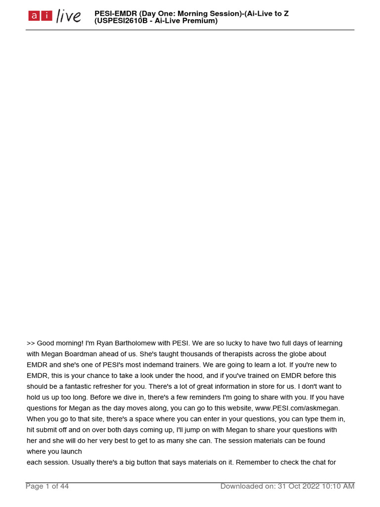 Emdr Transcript Day 1 Part 1 | PDF | Psychological Trauma | Sleep