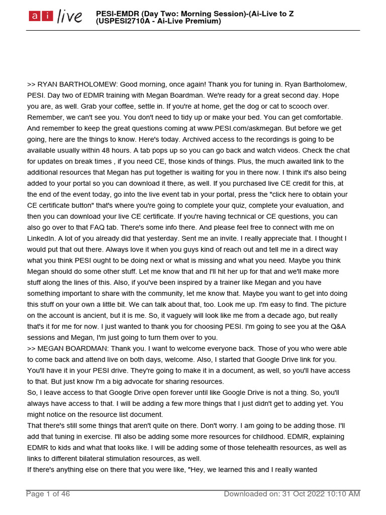 Emdr Transcript Day 2 Part 1 | PDF | Experience | Feeling