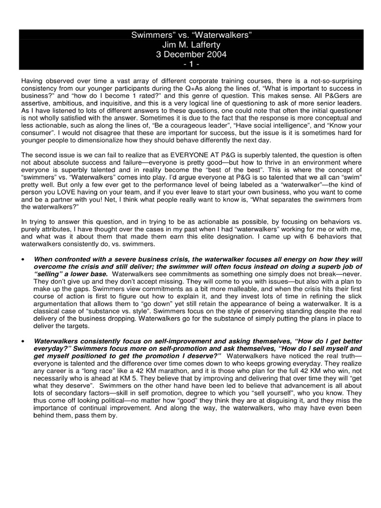 Swimmers Vs Waterwalkers - Jim Lafferty | PDF